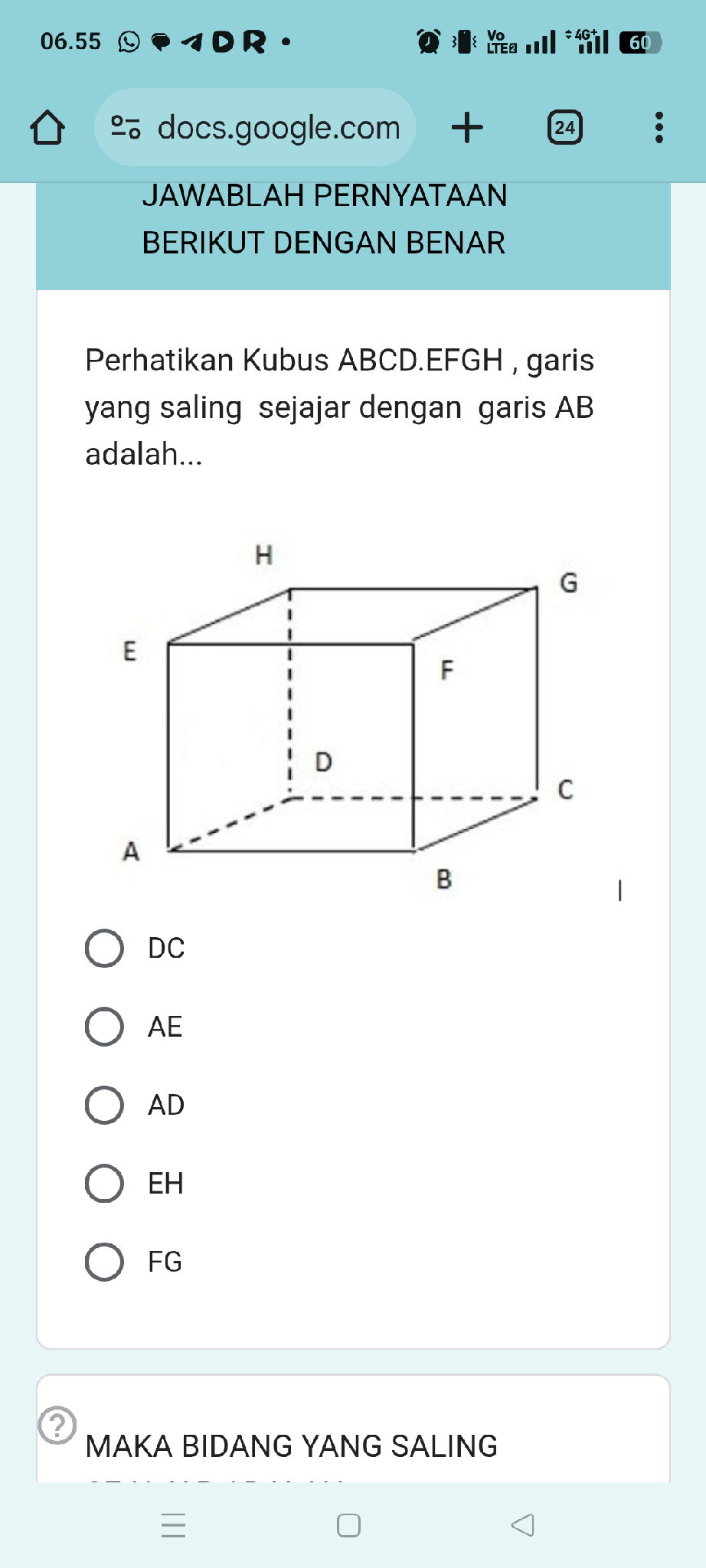 Perhatikan Kubus ABCD.EFGH, garis yang | StudyX