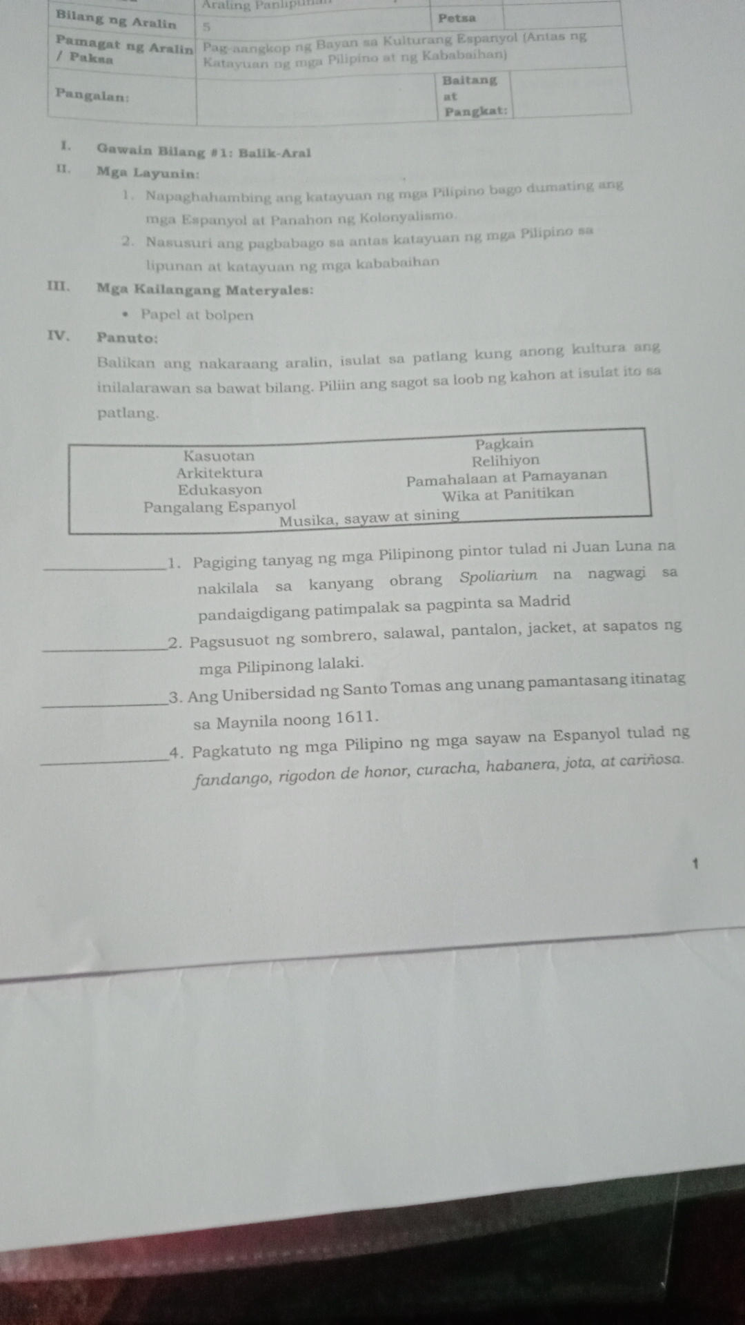 Gawain Bilang #1: Balik-Aral **Mga | StudyX