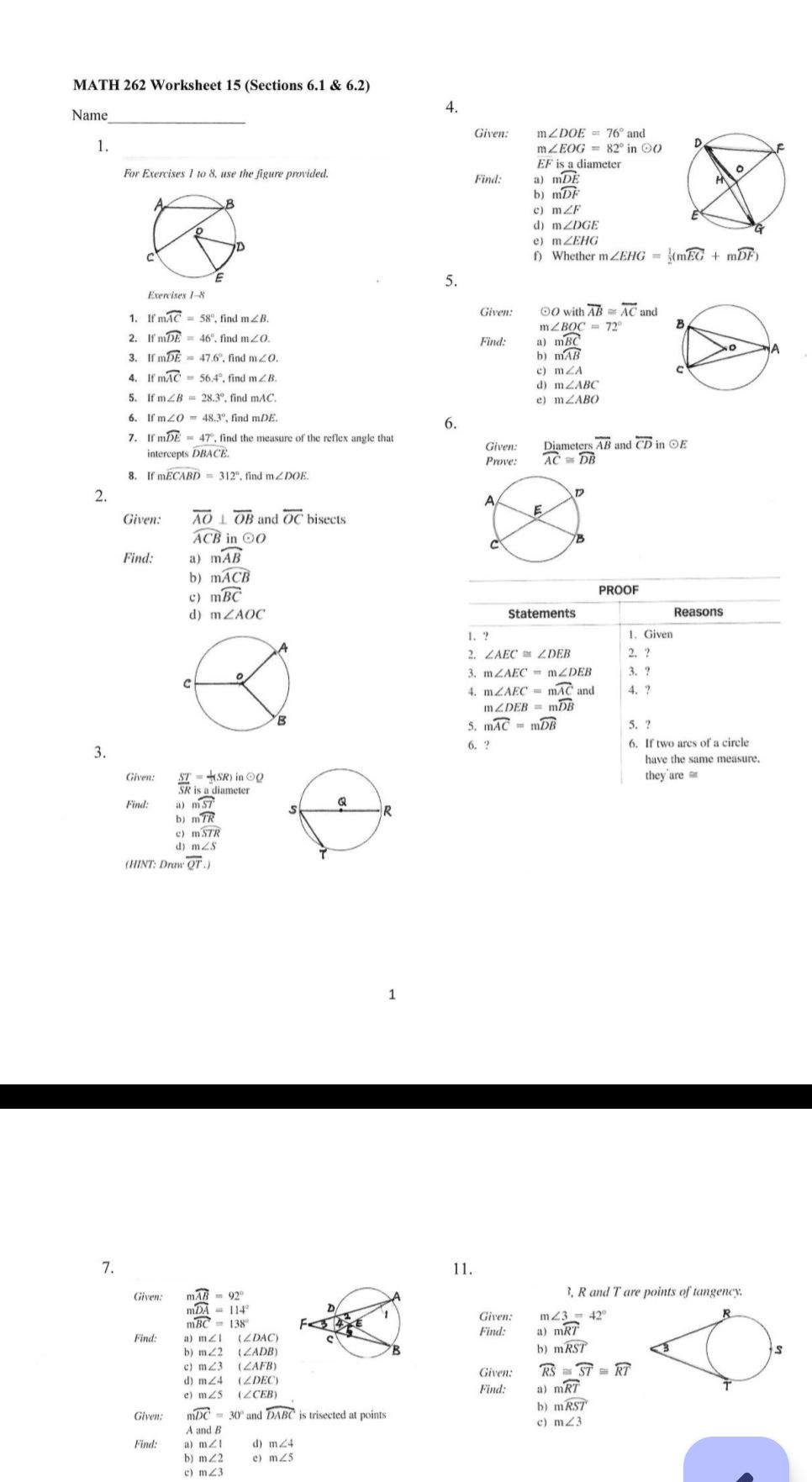 MATH 262 Worksheet 15 (Sections 6.1 6.2) | StudyX
