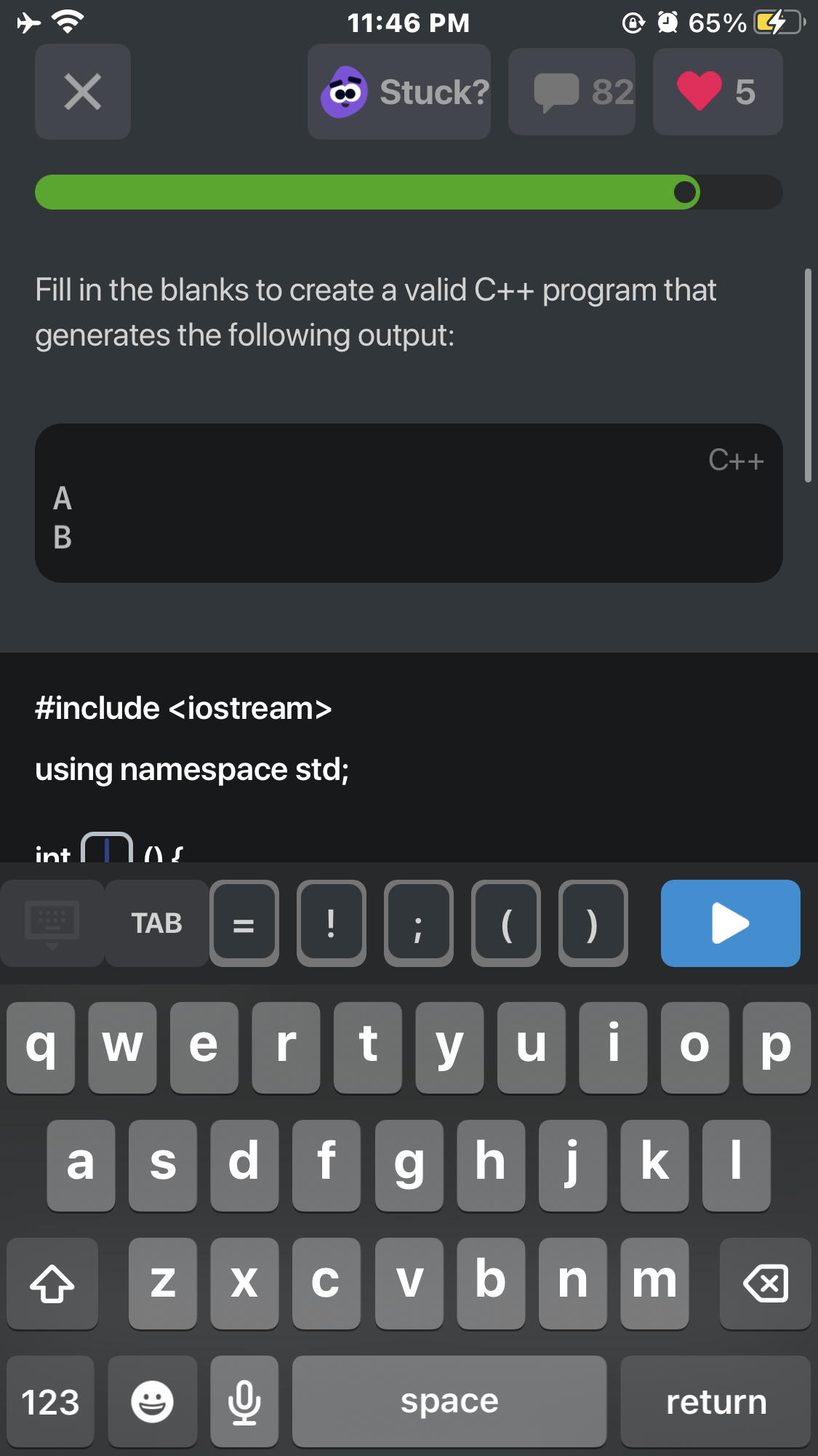 Fill in the blanks to create a valid C++ | StudyX