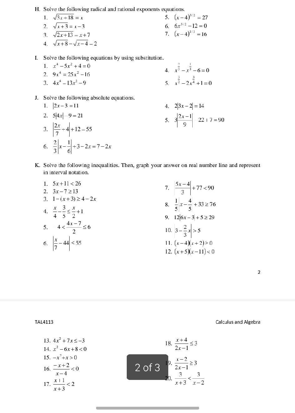 H. Solve the following radical and rational | StudyX