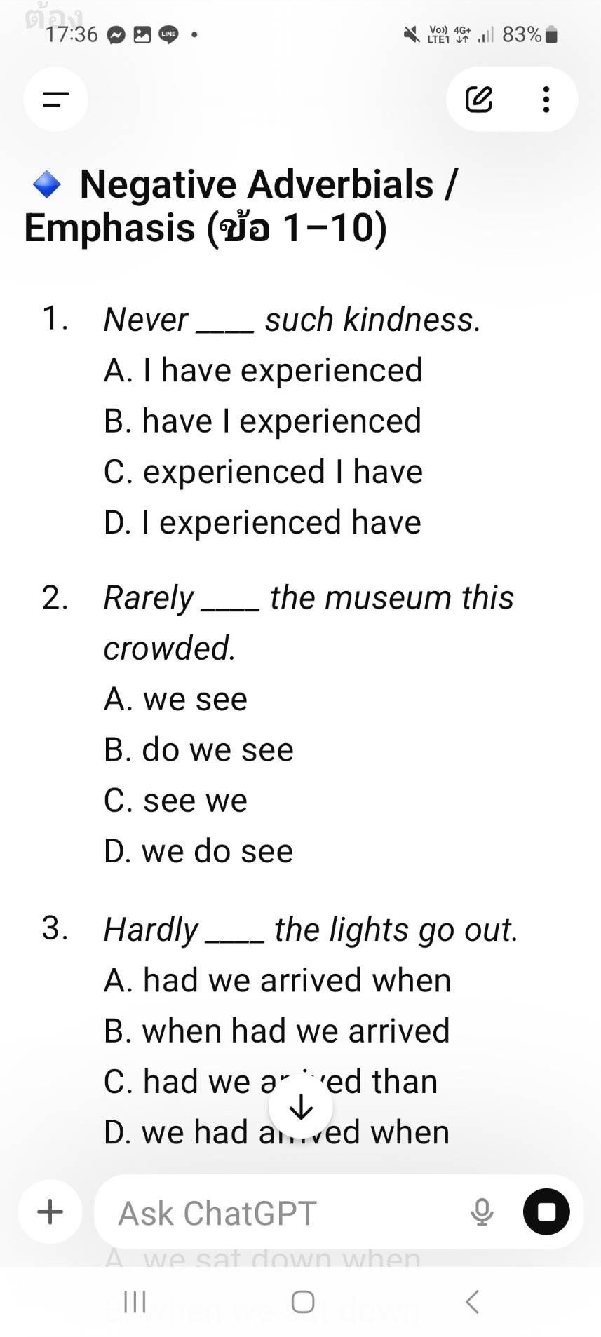 Negative Adverbials / Emphasis (ข้อ 1-10) | StudyX