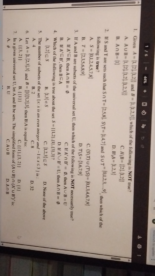 Given A = {{1,2},{1,2}} and B = | StudyX