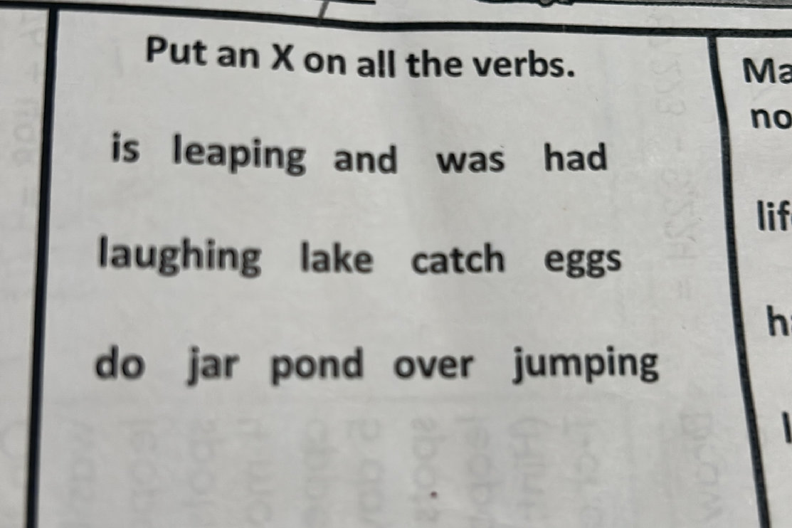 Put an X on all the verbs. is leaping and | StudyX