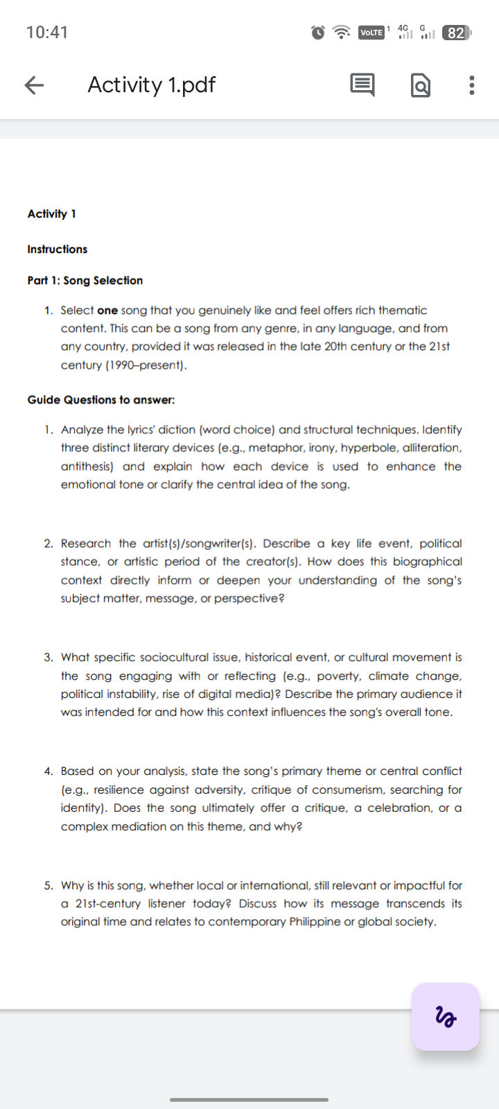 Part 1: Song Selection 1. Select one song | StudyX