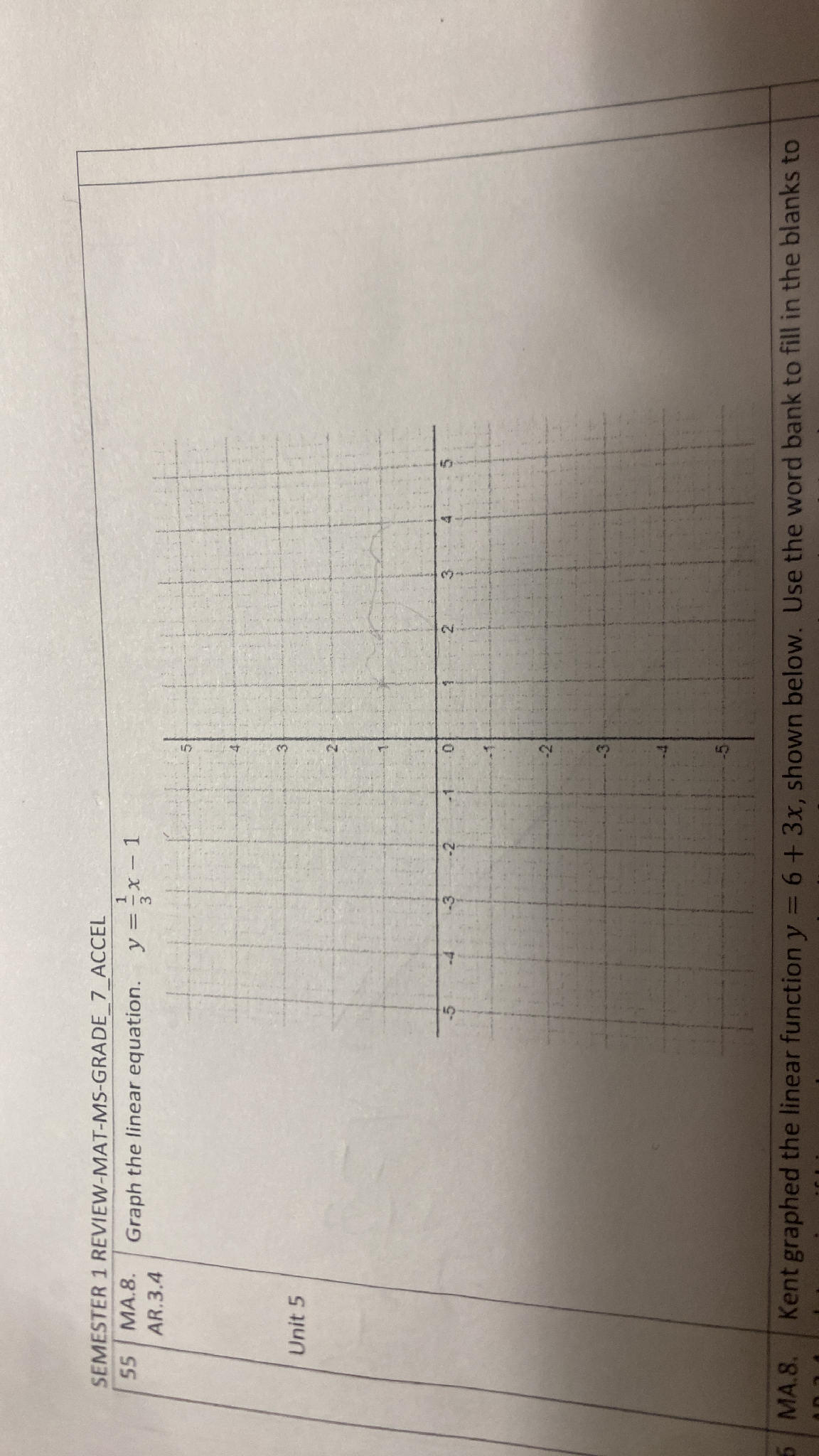 Graph the linear equation. $y = {1}{3}x - 1$ | StudyX