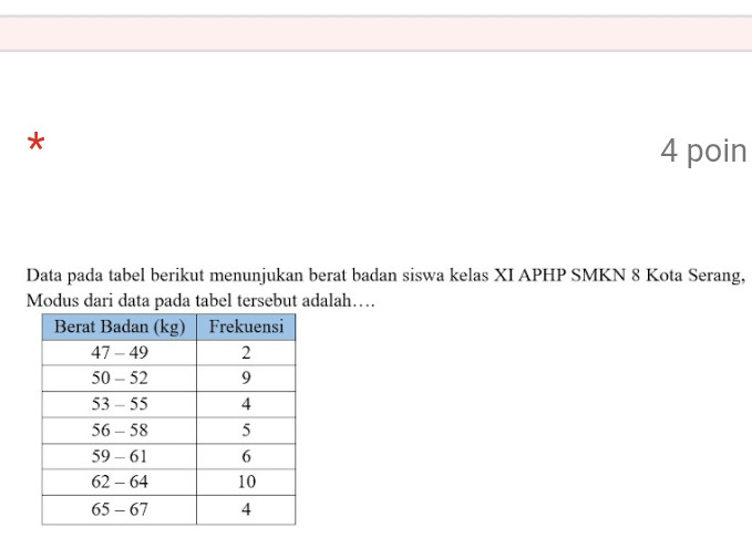 Data pada tabel berikut menunjukan berat | StudyX