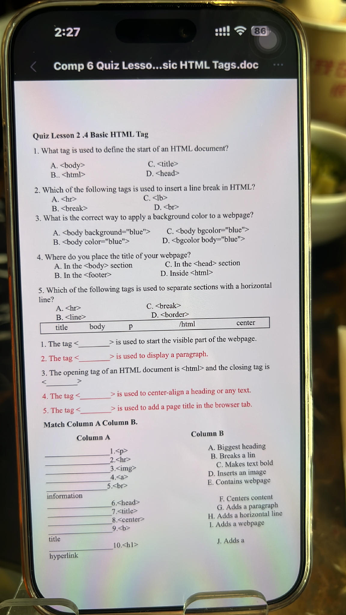 Quiz Lesson 2.4 Basic HTML Tag 1. What tag | StudyX
