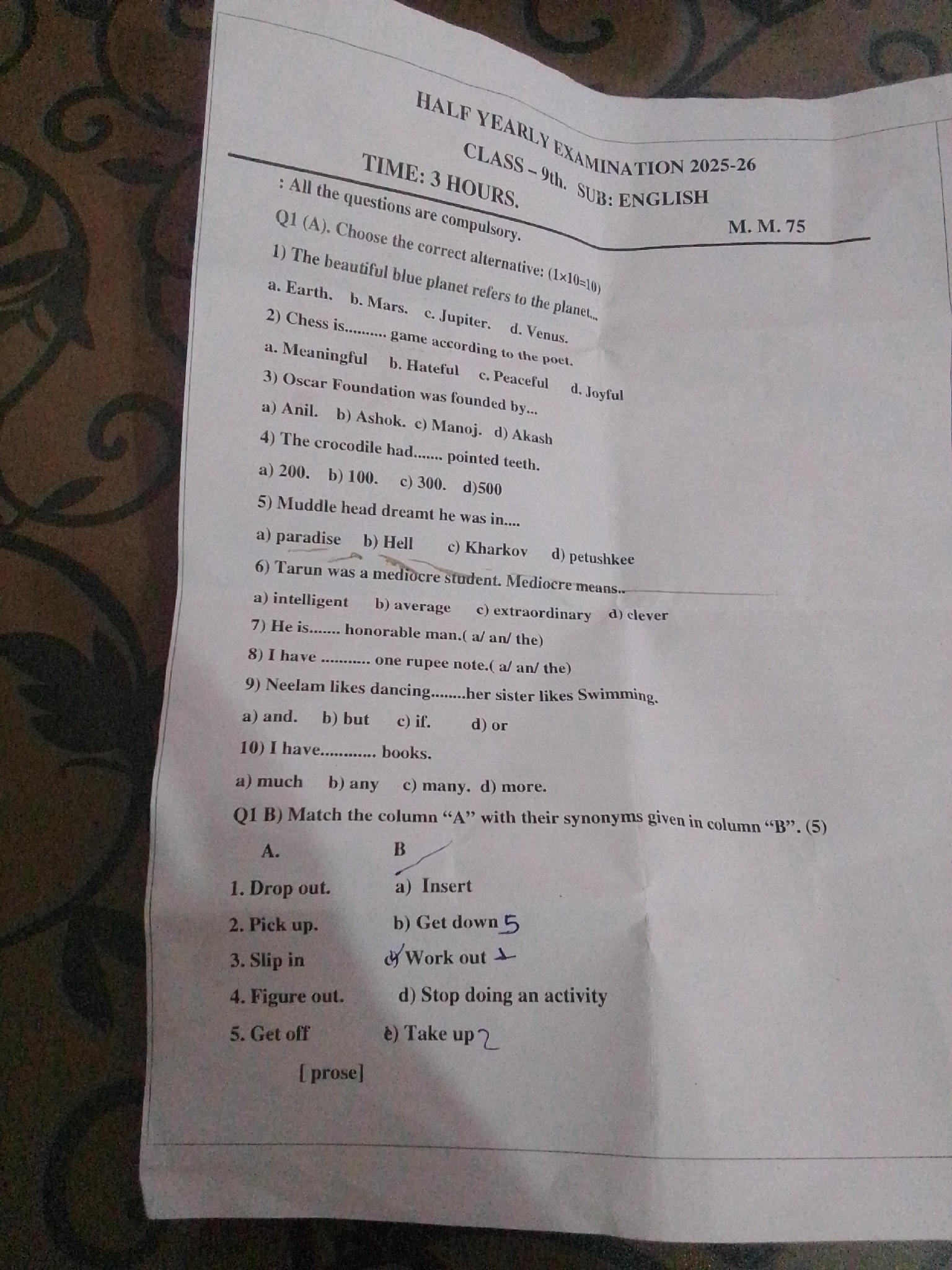 Match the column "A" with their synonyms | StudyX