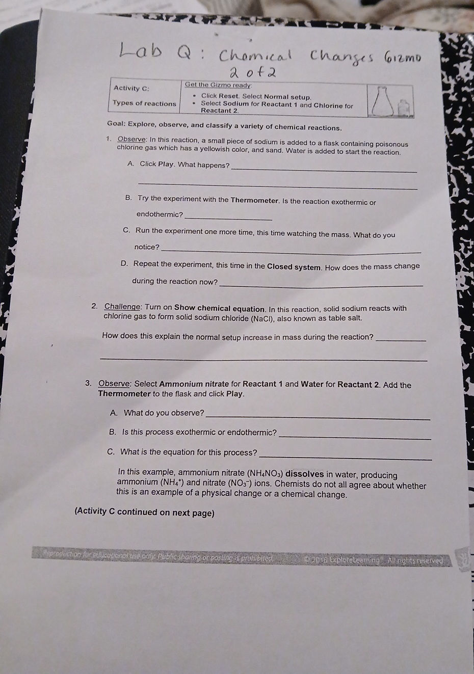 Lab Q: Chemical Changes Gizmo Activity C: | StudyX