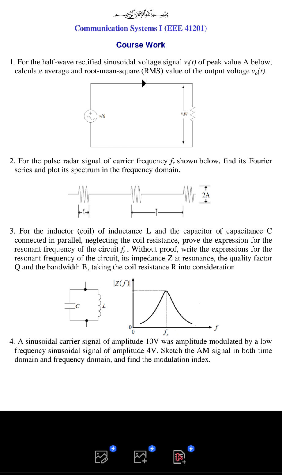 A sinusoidal carrier signal of amplitude 10V | StudyX