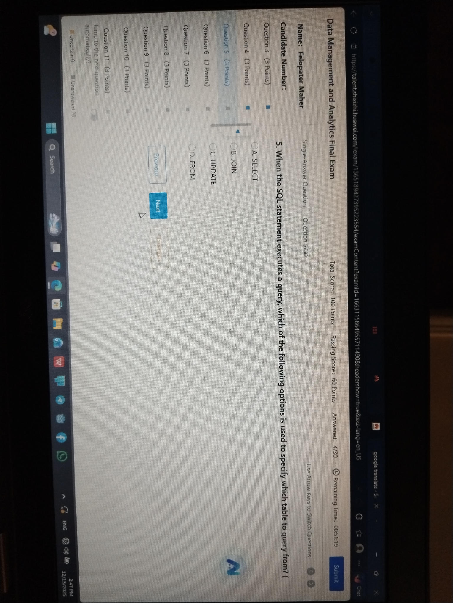 When the SQL statement executes a query, | StudyX