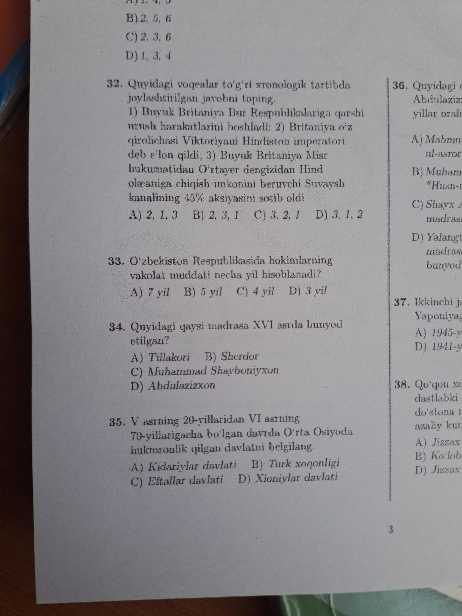 34. Quyidagi qaysi madrasa XVI asrda bunyod | StudyX