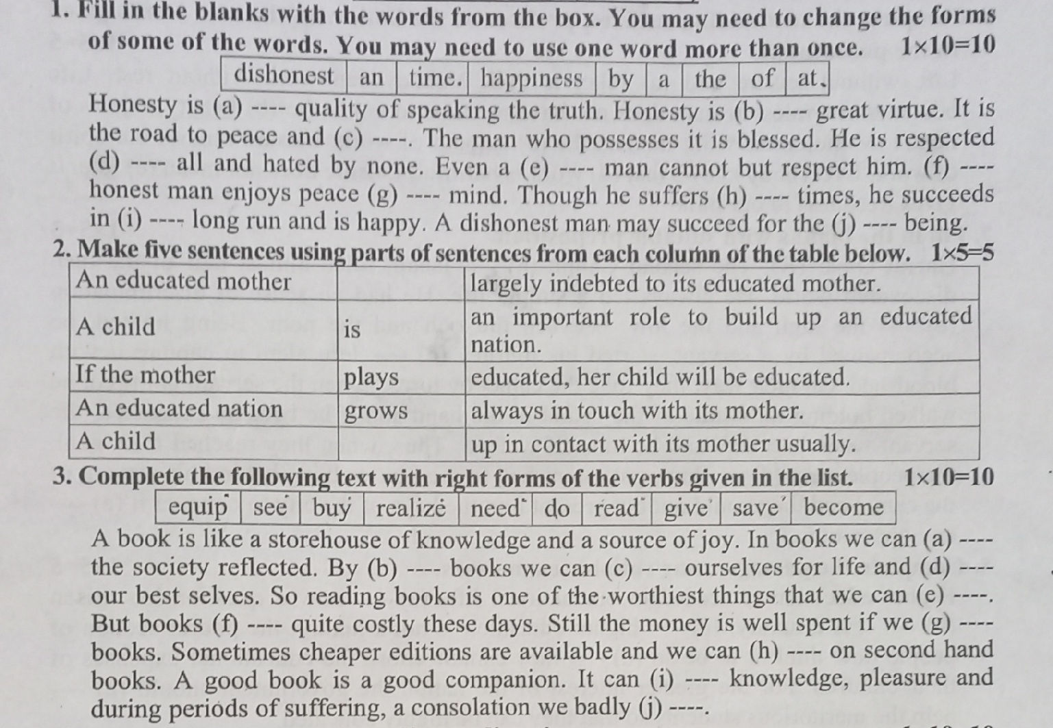 Make five sentences using parts of sentences