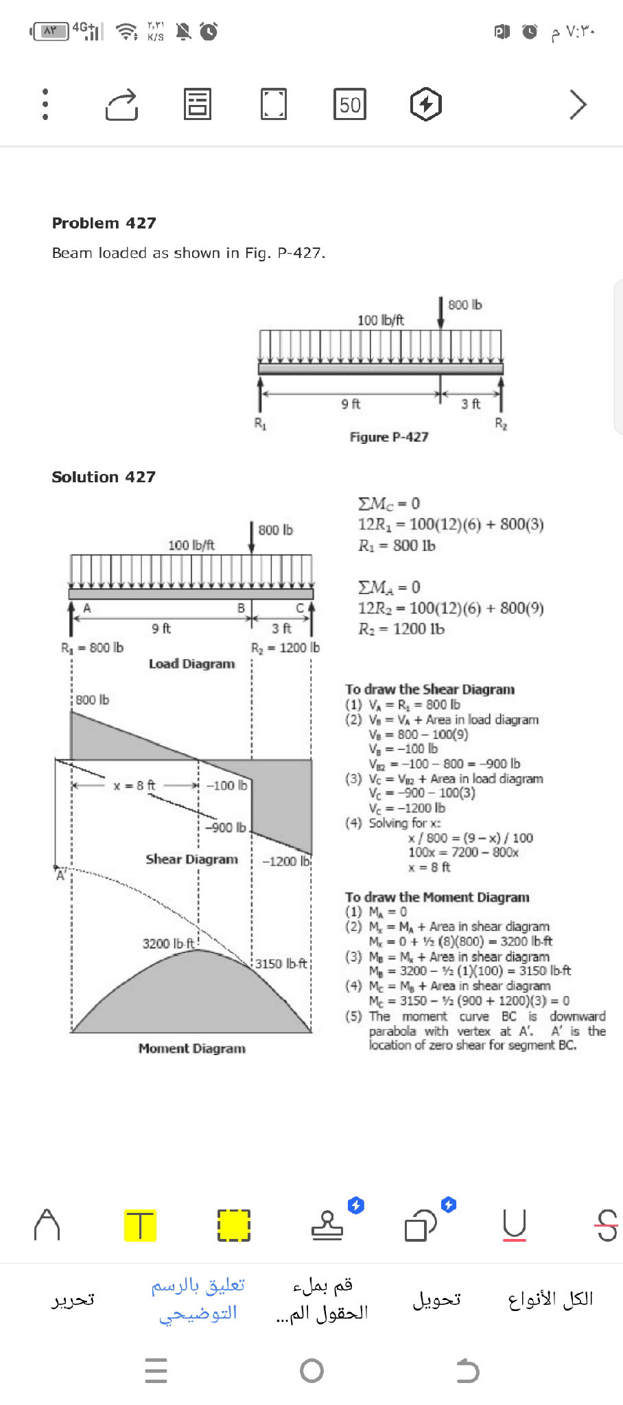 Problem 427 Beam loaded as shown in Fig. | StudyX