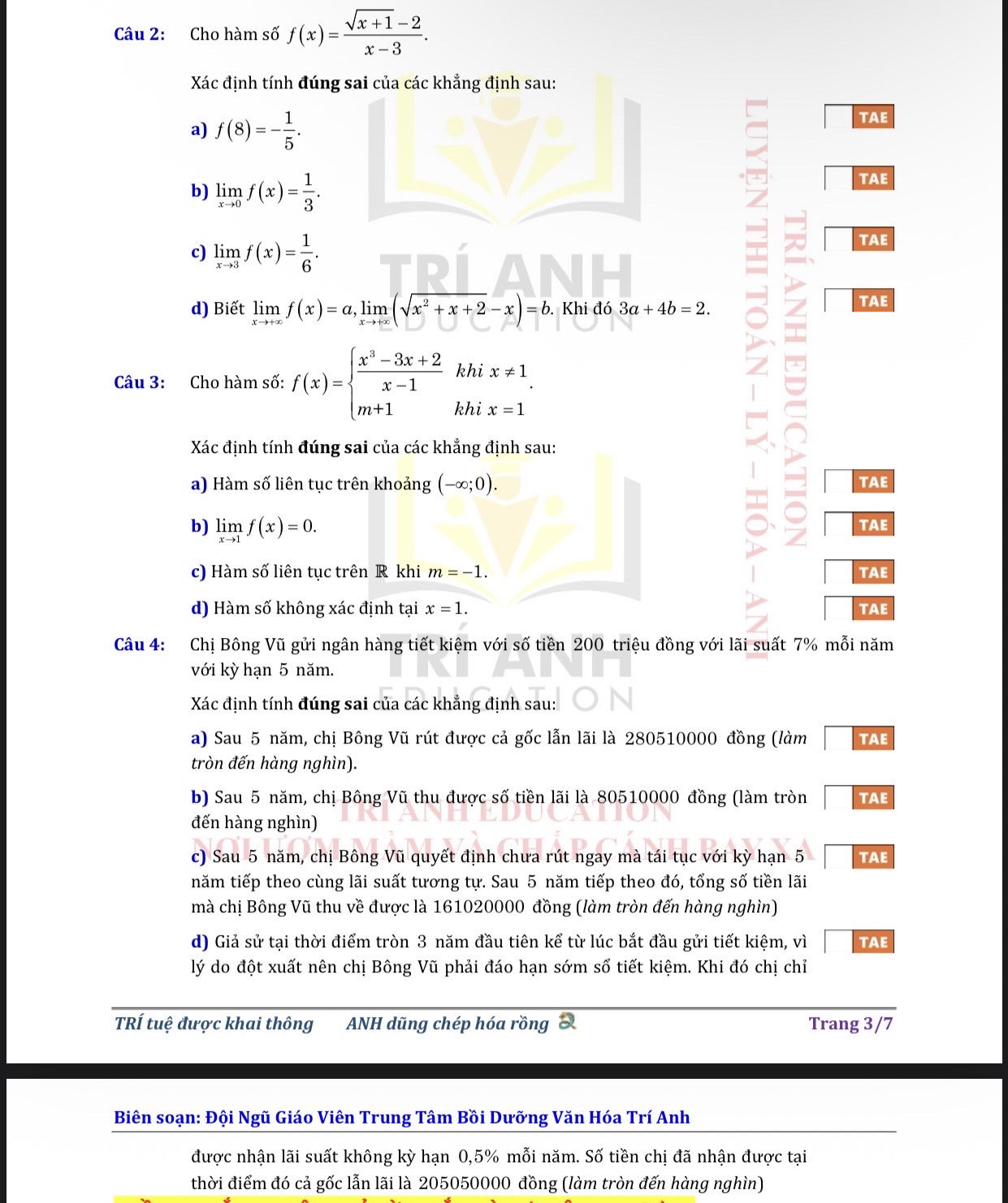 Câu 2: Cho hàm số $f(x) = { {x+1}-2}{x-3}$ | StudyX