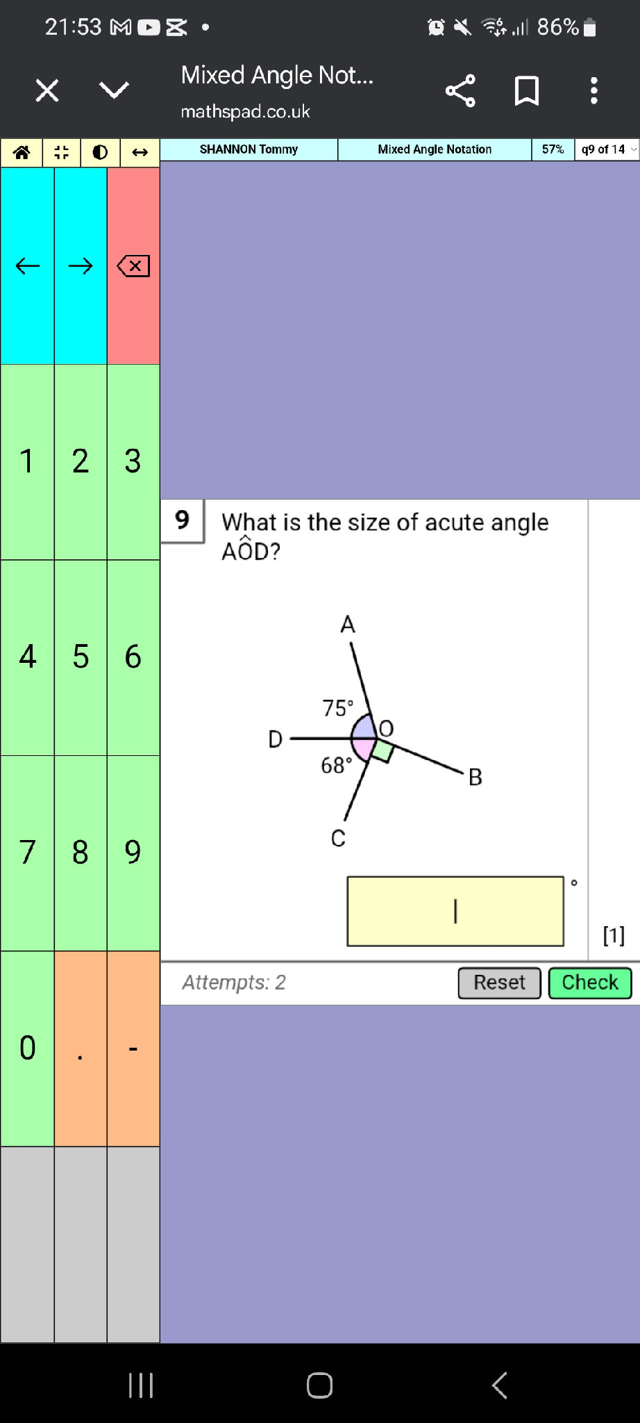 9 What is the size of acute angle ÂOD? A | StudyX