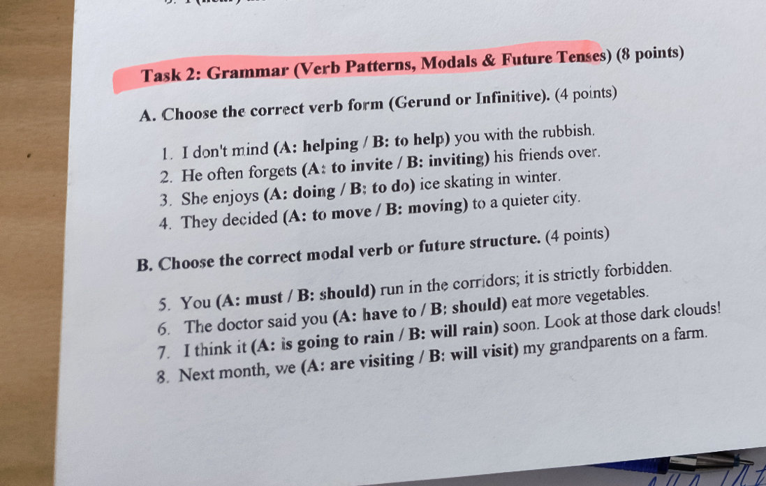 Task 2: Grammar (Verb Patterns, Modals | StudyX