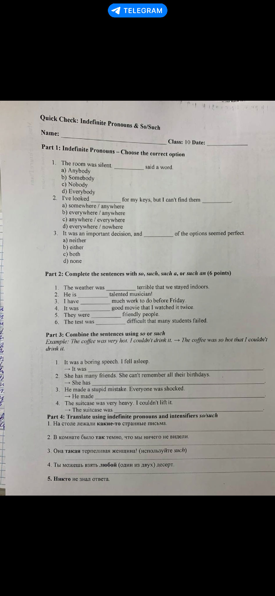 Part 1: Indefinite Pronouns – Choose the | StudyX