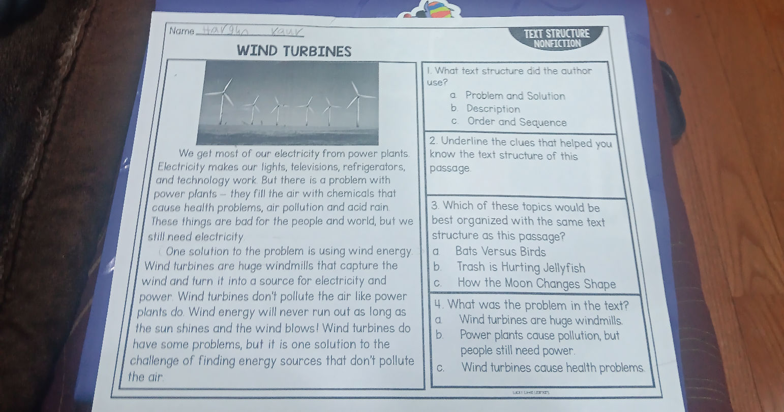 TEXT STRUCTURE NONFICTION WIND TURBINES We | StudyX