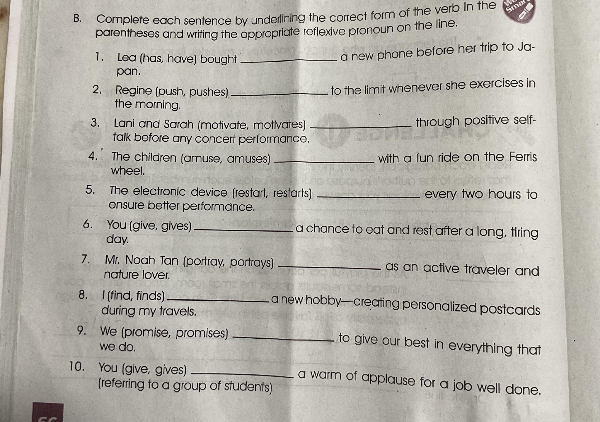 B. Complete each sentence by underlining the | StudyX