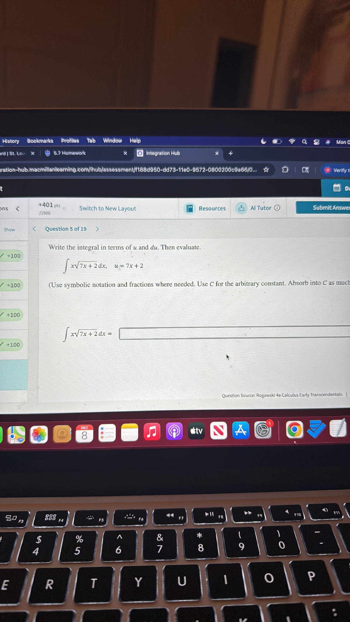 Write the integral in terms of $u$ and $du$. | StudyX