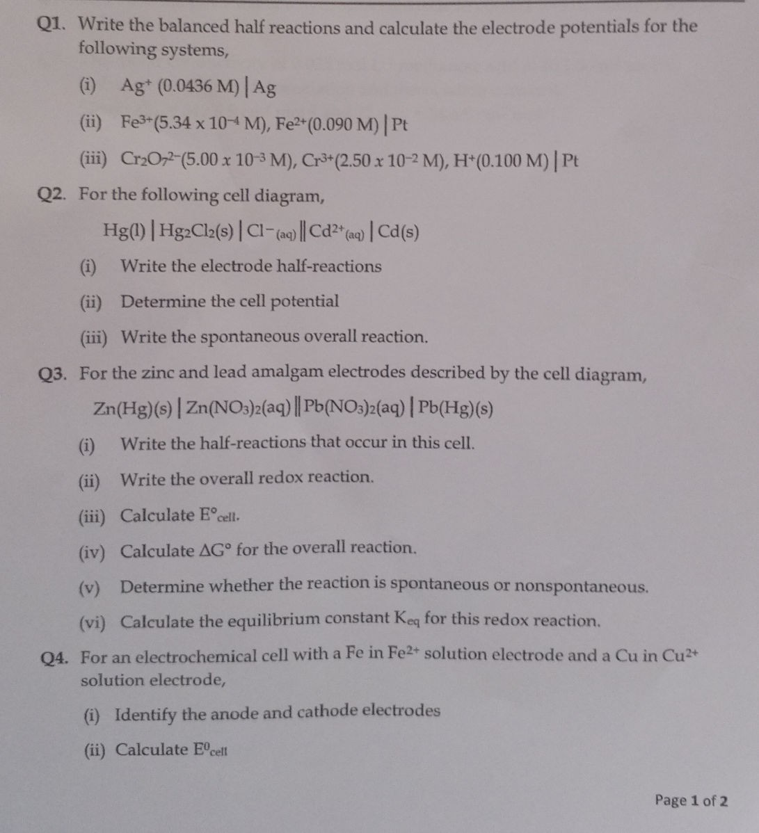 Q1. Write the balanced half reactions and | StudyX