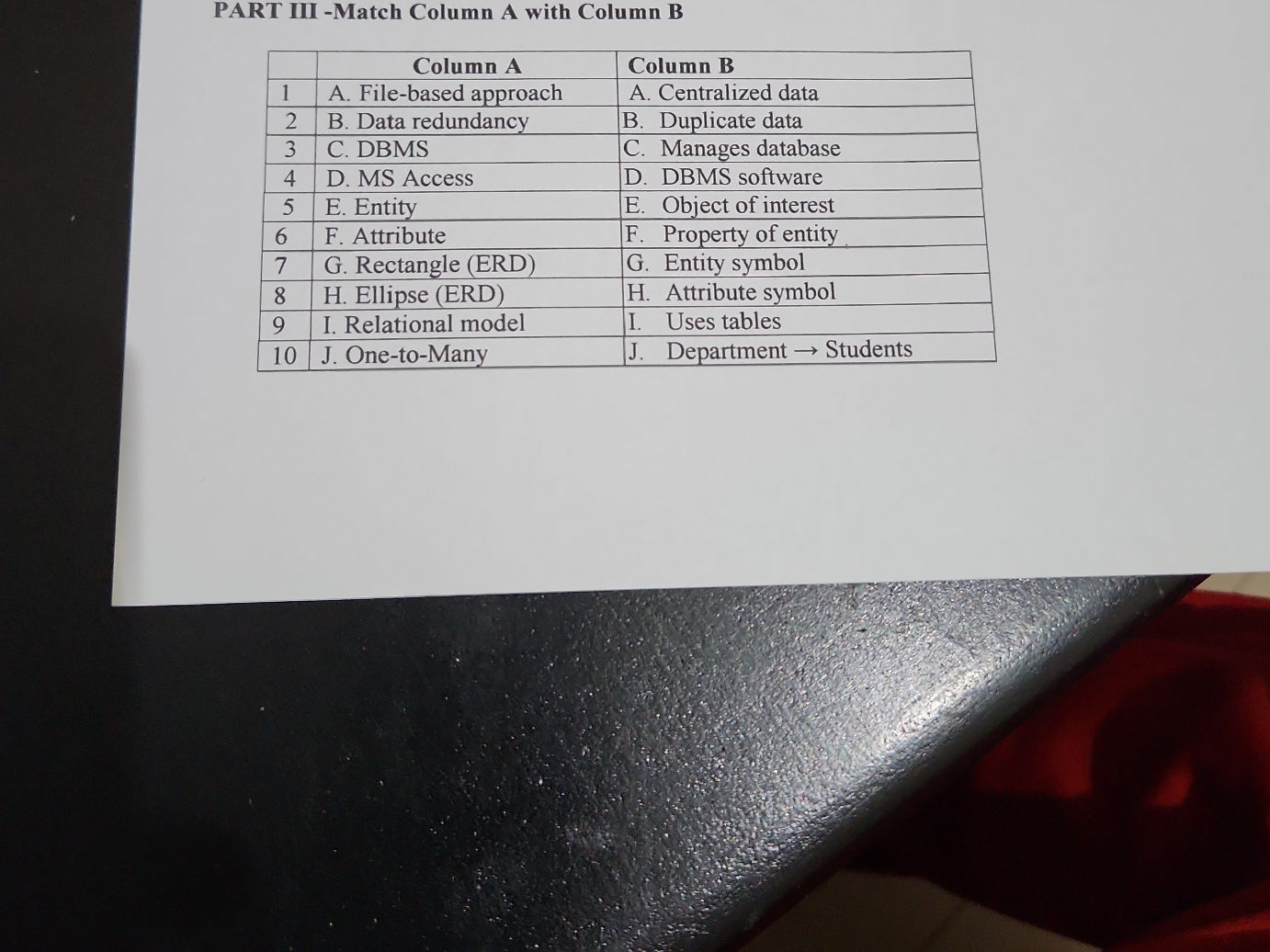 Match Column A with Column B | | Column A | StudyX
