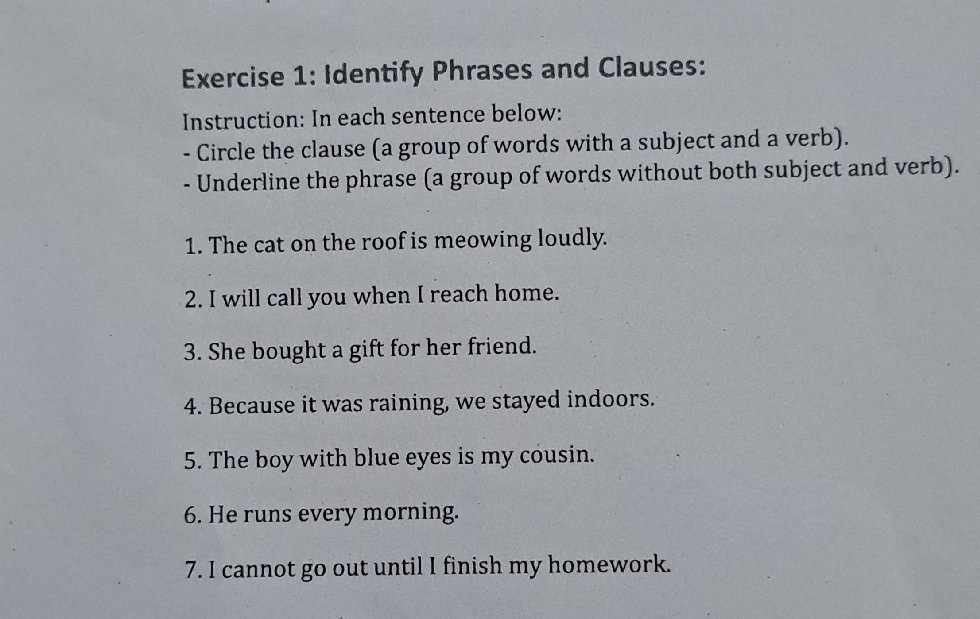 Exercise 1: Identify Phrases and Clauses: | StudyX