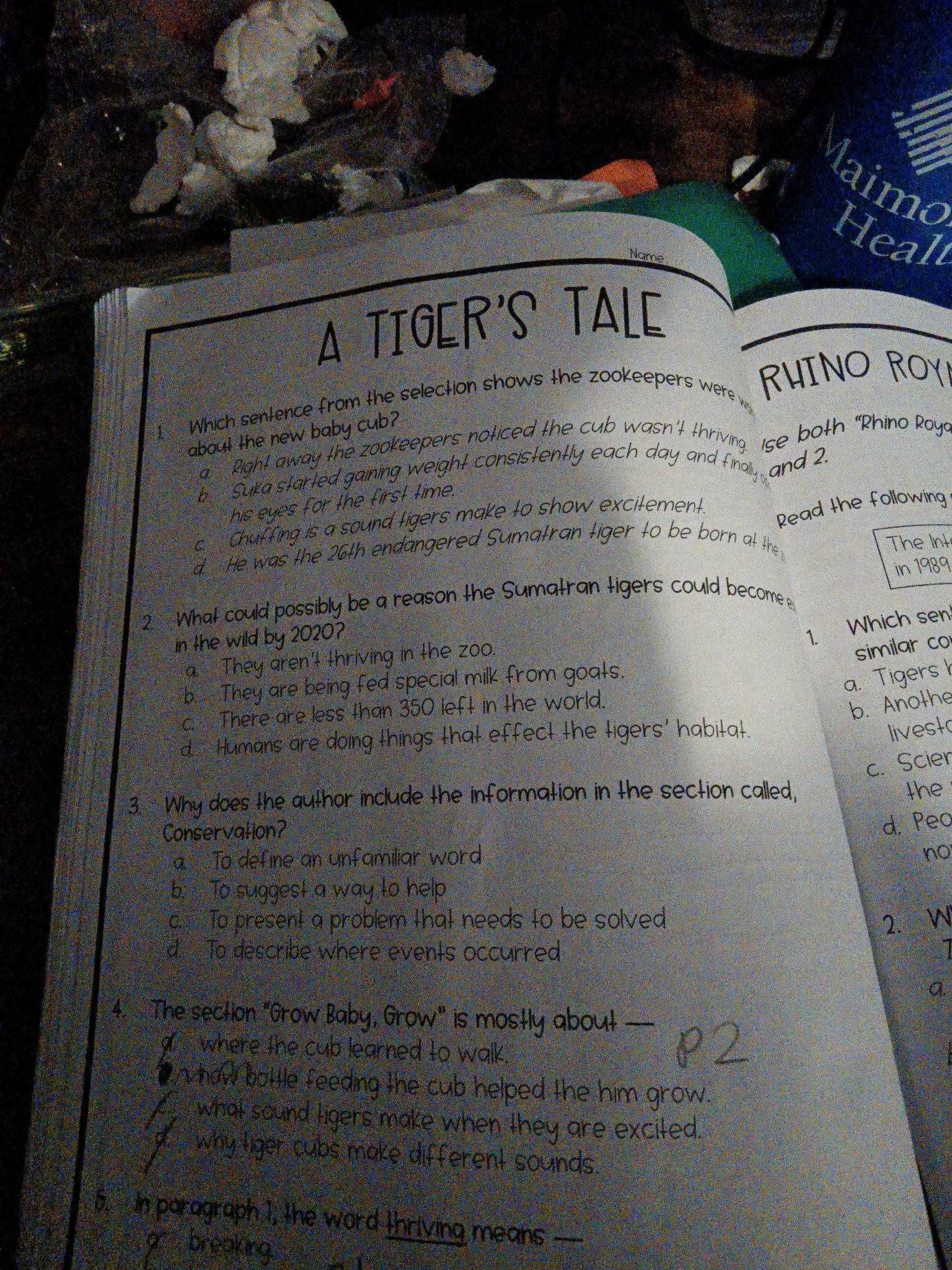 Name A TIGER'S TALE 1. Which sentence from | StudyX