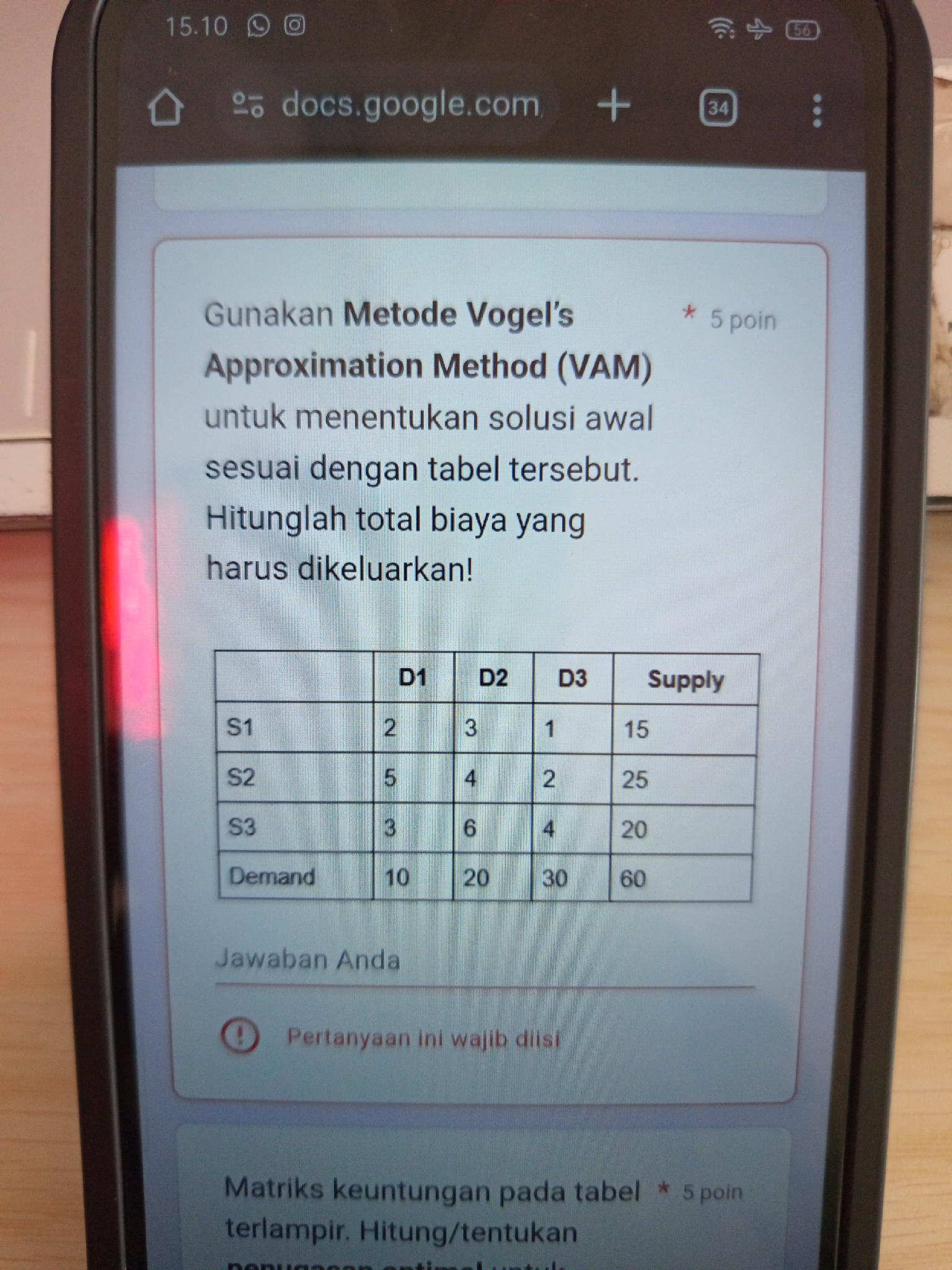 Gunakan Metode Vogel's Approximation Method | StudyX