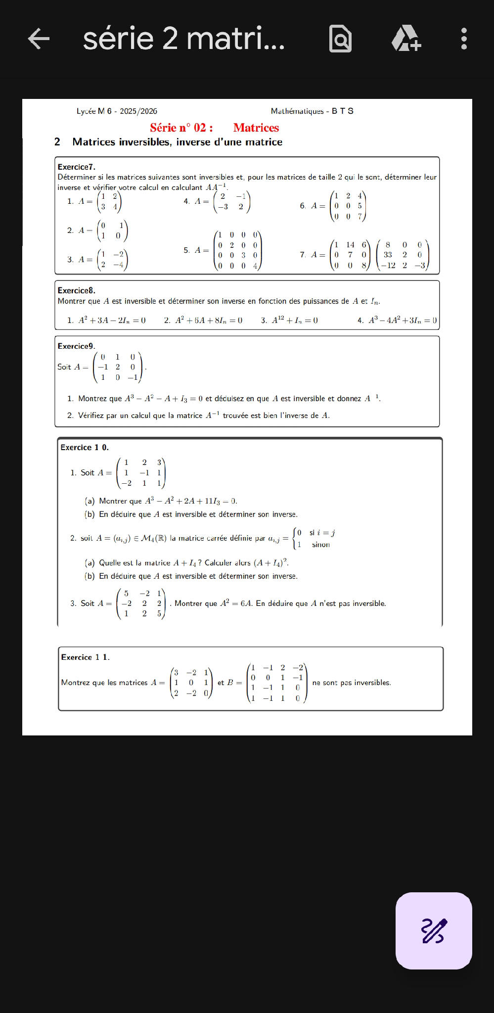 Exercice 7. Déterminer si les matrices | StudyX