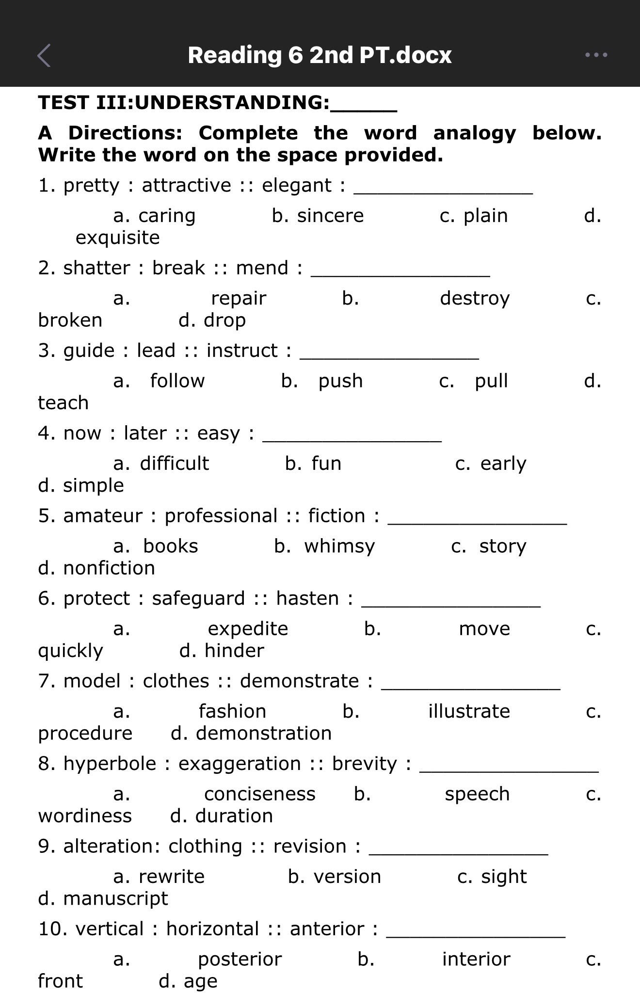 TEST III:UNDERSTANDING: A Directions: | StudyX