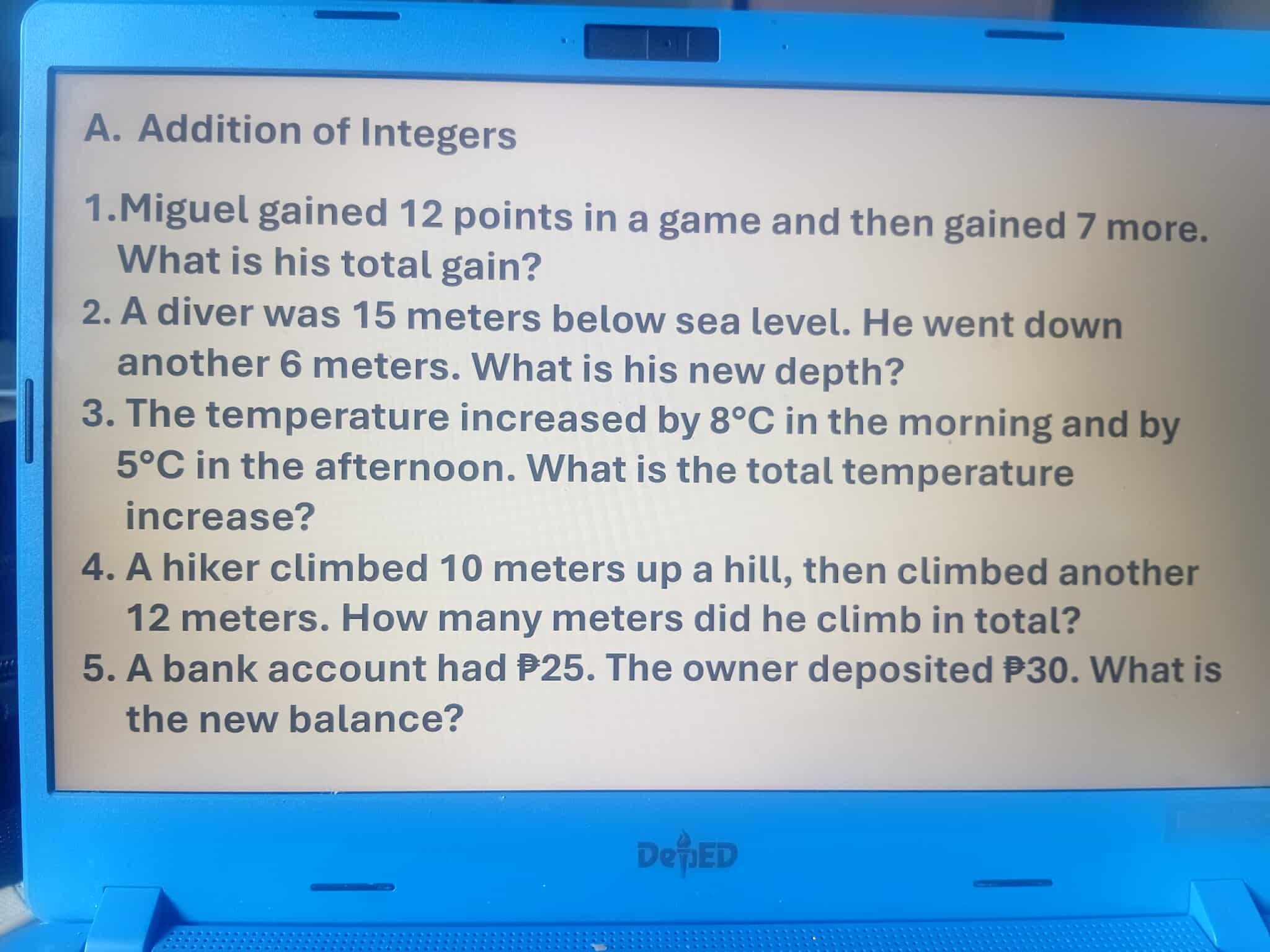 A. Addition of Integers 1. Miguel gained 12 | StudyX