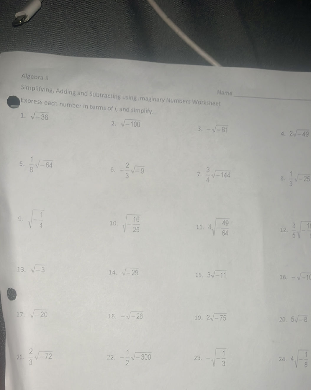Algebra II Simplifying, Adding and | StudyX