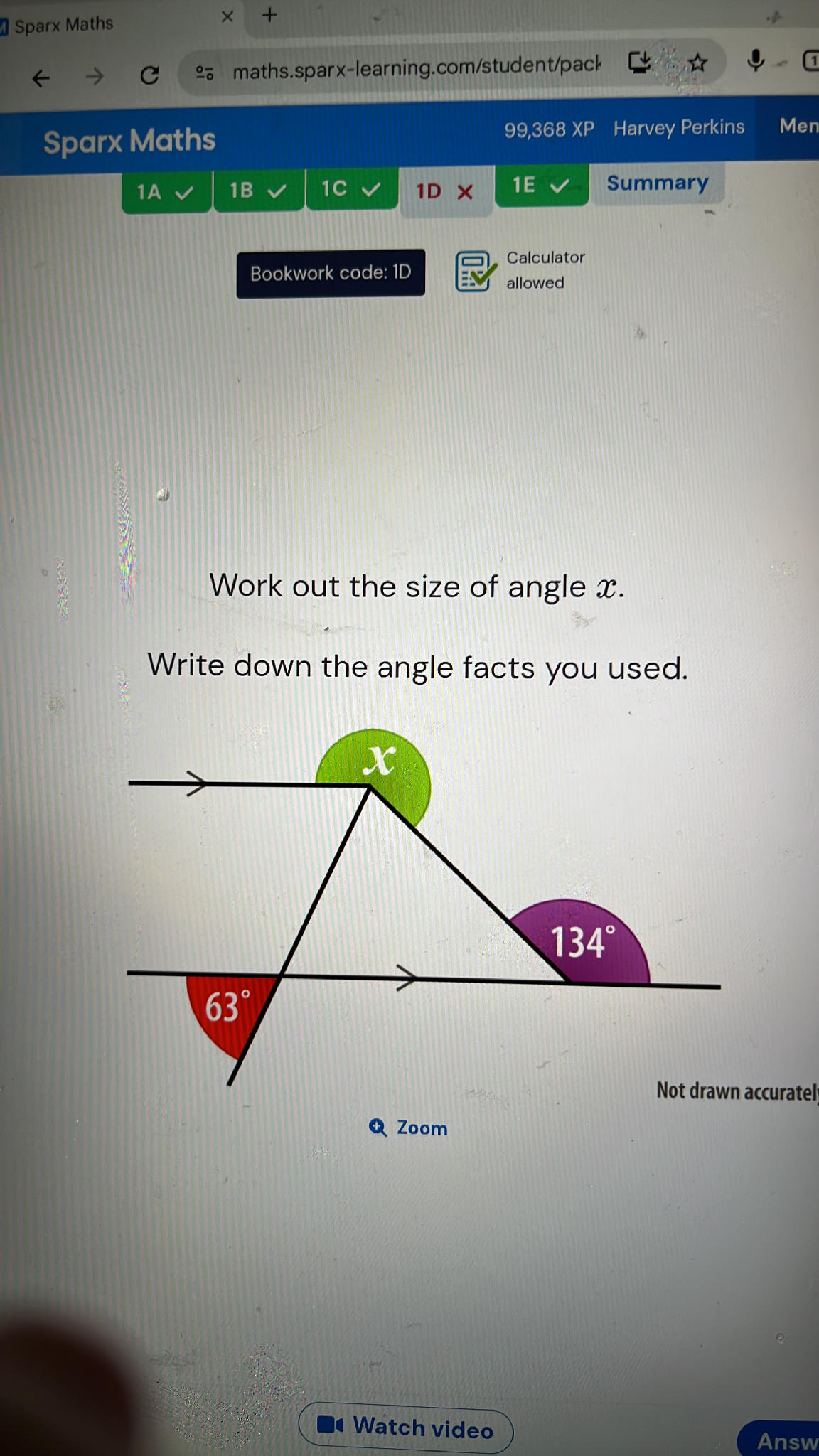 Work out the size of angle $x$. Write down | StudyX