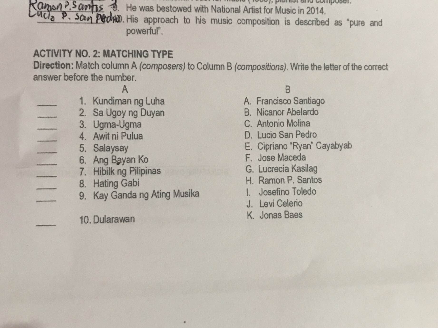 ACTIVITY NO. 2: MATCHING TYPE Direction: | StudyX