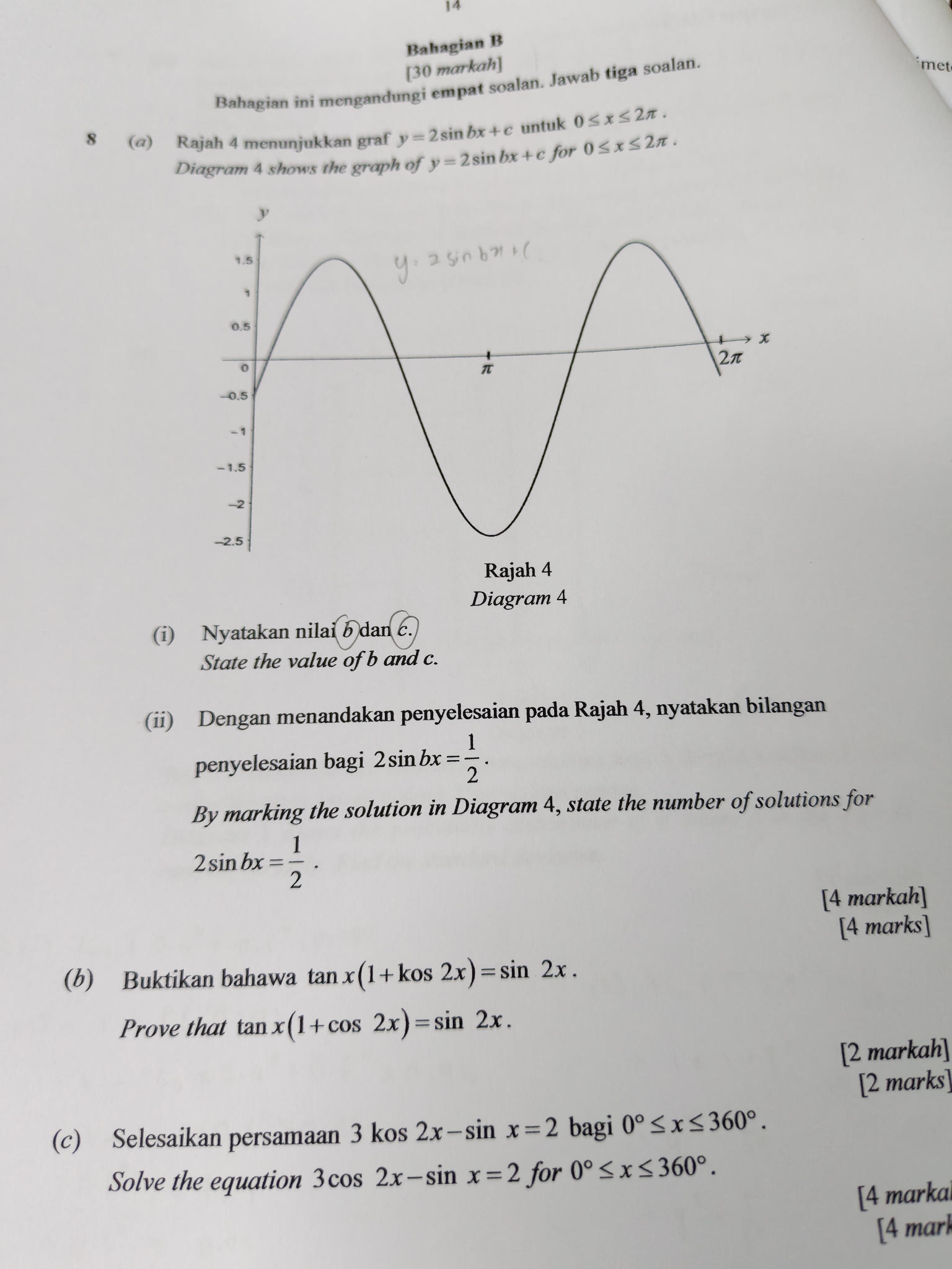 (a) Rajah 4 menunjukkan graf $y = 2 bx + c$ | StudyX