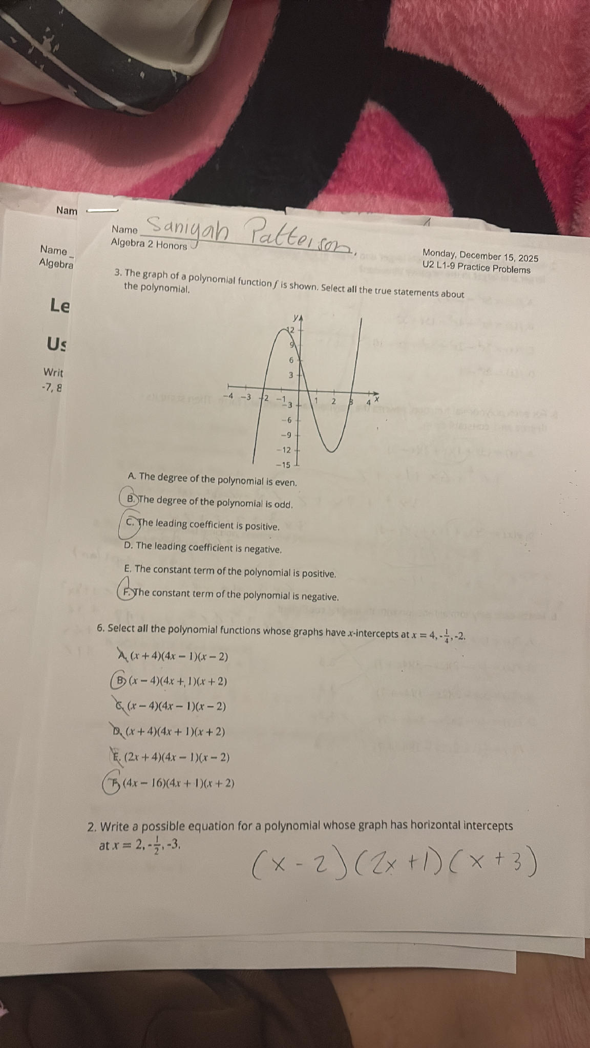 Write a possible equation for a polynomial | StudyX