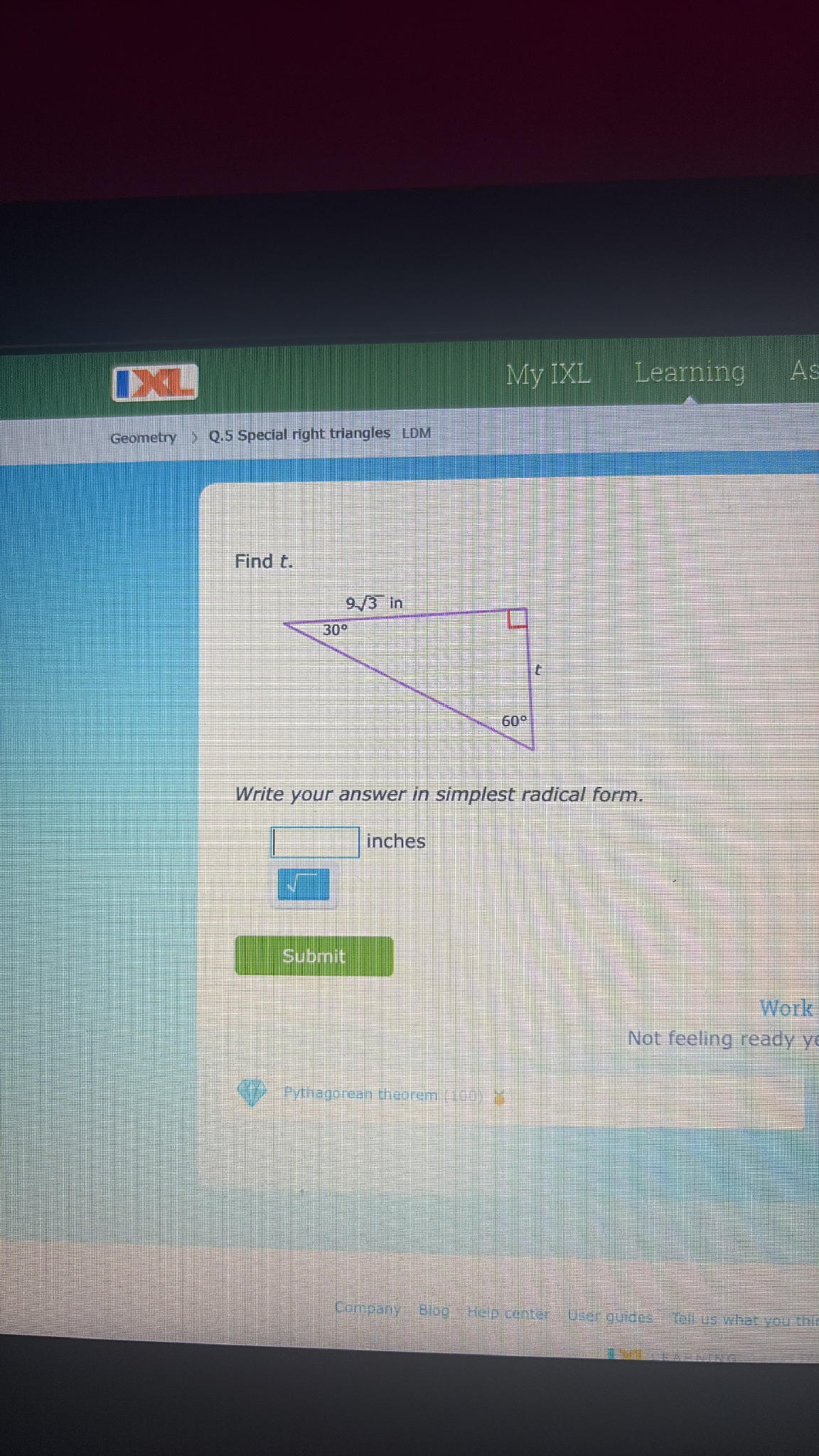 Find $t$. (A right triangle is shown. The | StudyX