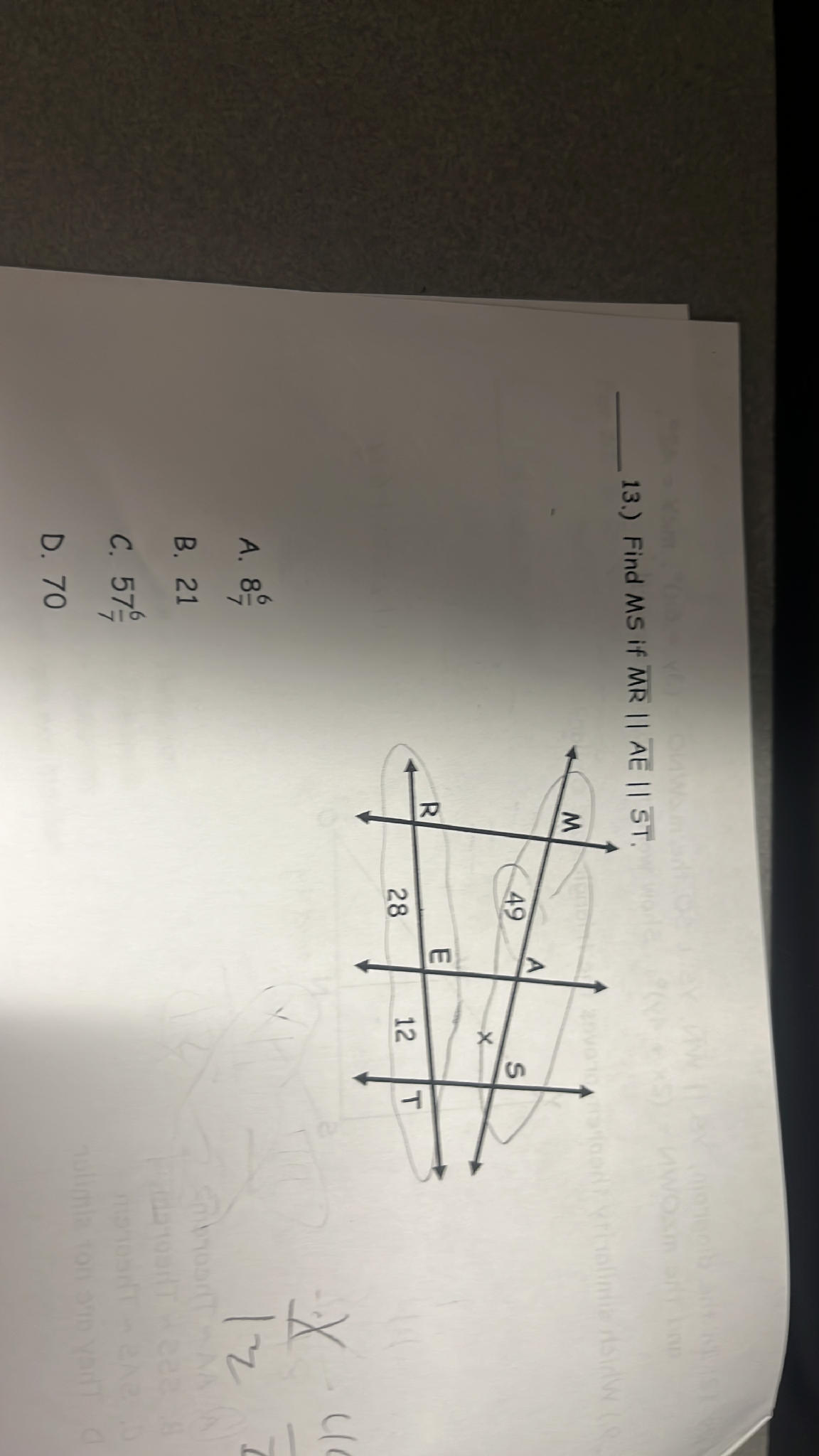 13.) Find MS if $ {MR} {AE} {ST}$. | StudyX