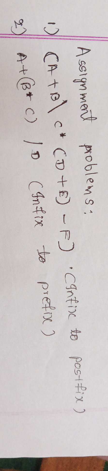 Assignment problems: 1) `(A+B)/C*(D+E)-F)` | StudyX