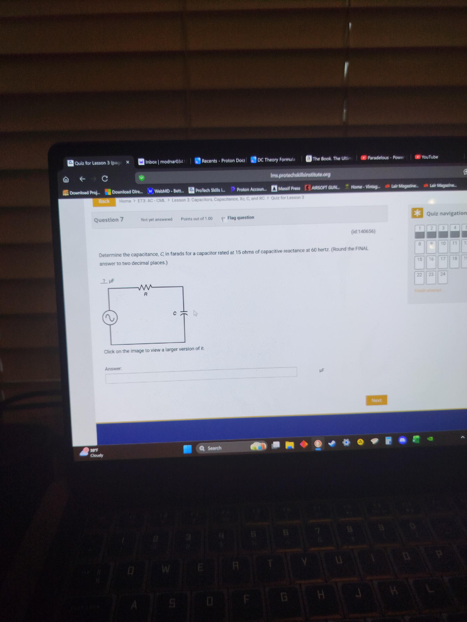 Determine the capacitance, $C$, in farads