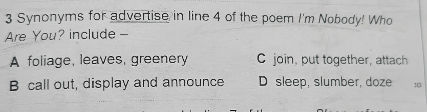 Synonyms for advertise in line 4 of the poem | StudyX