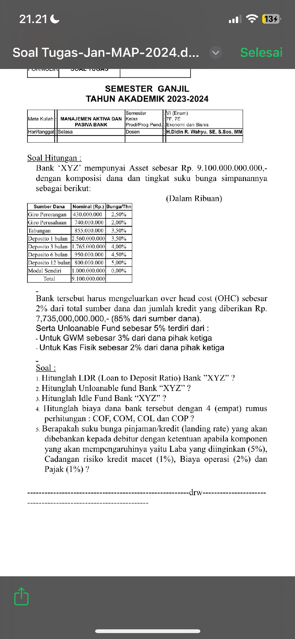 Bank 'XYZ' mempunyai Asset sebesar Rp. | StudyX