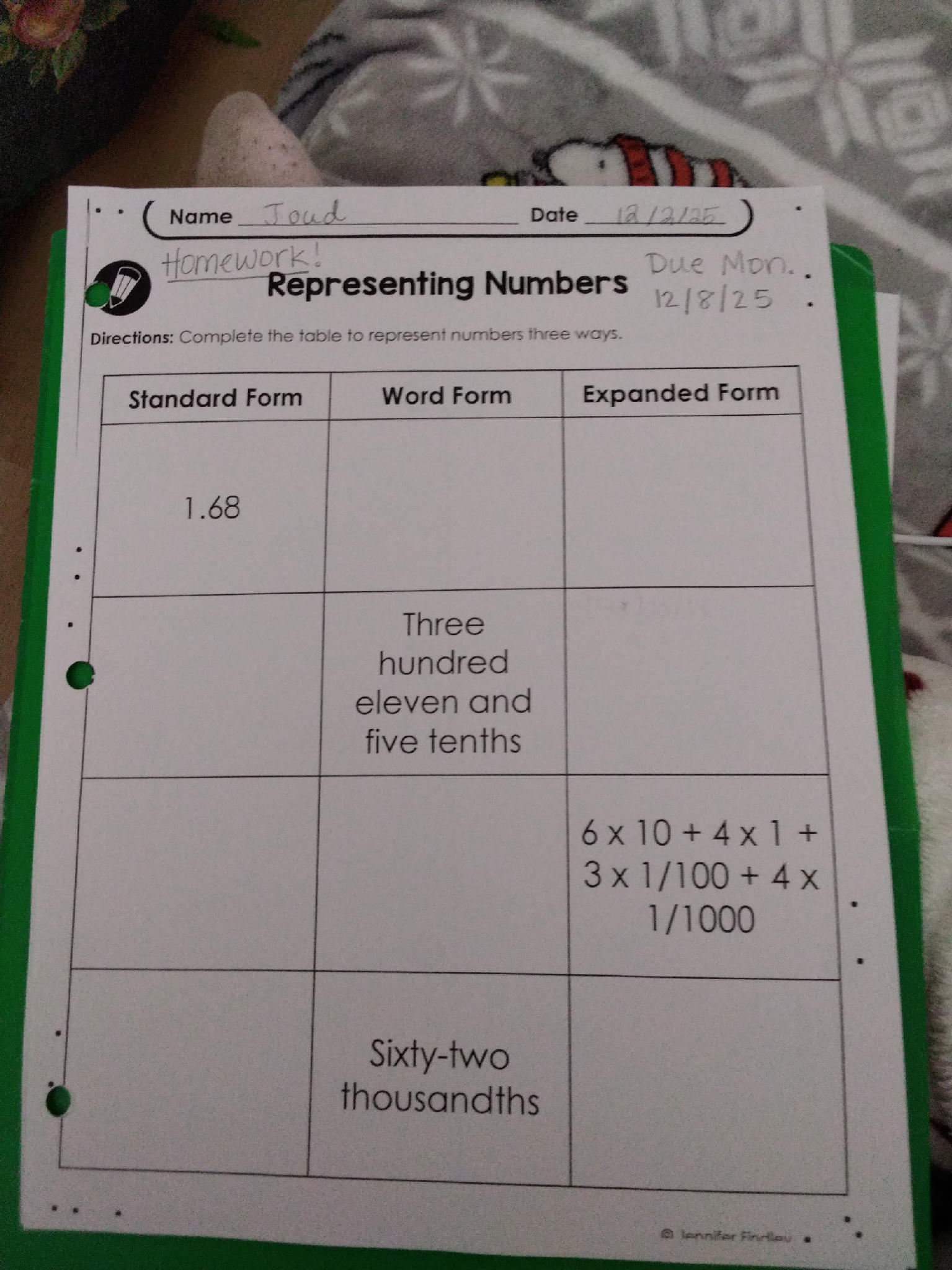Directions: Complete the table to represent | StudyX