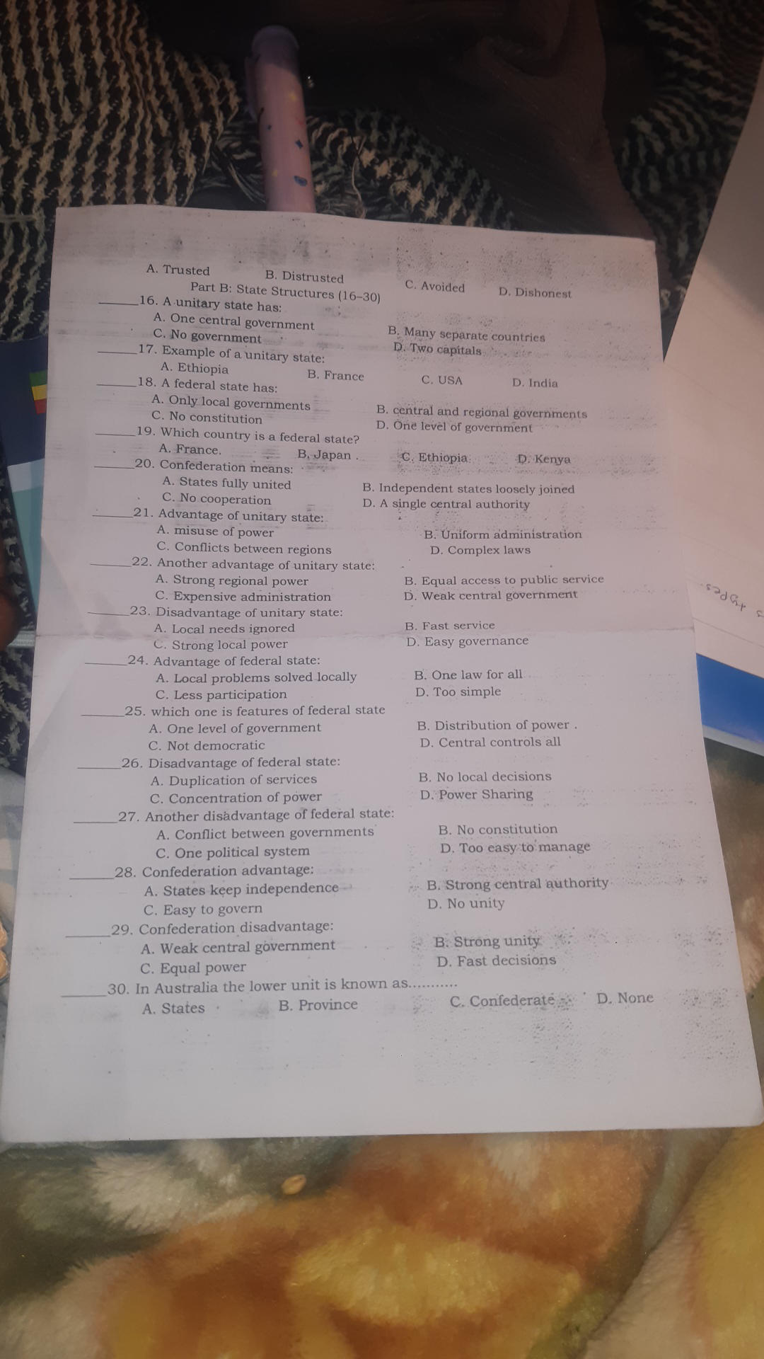 16. A unitary state has: A. One central | StudyX
