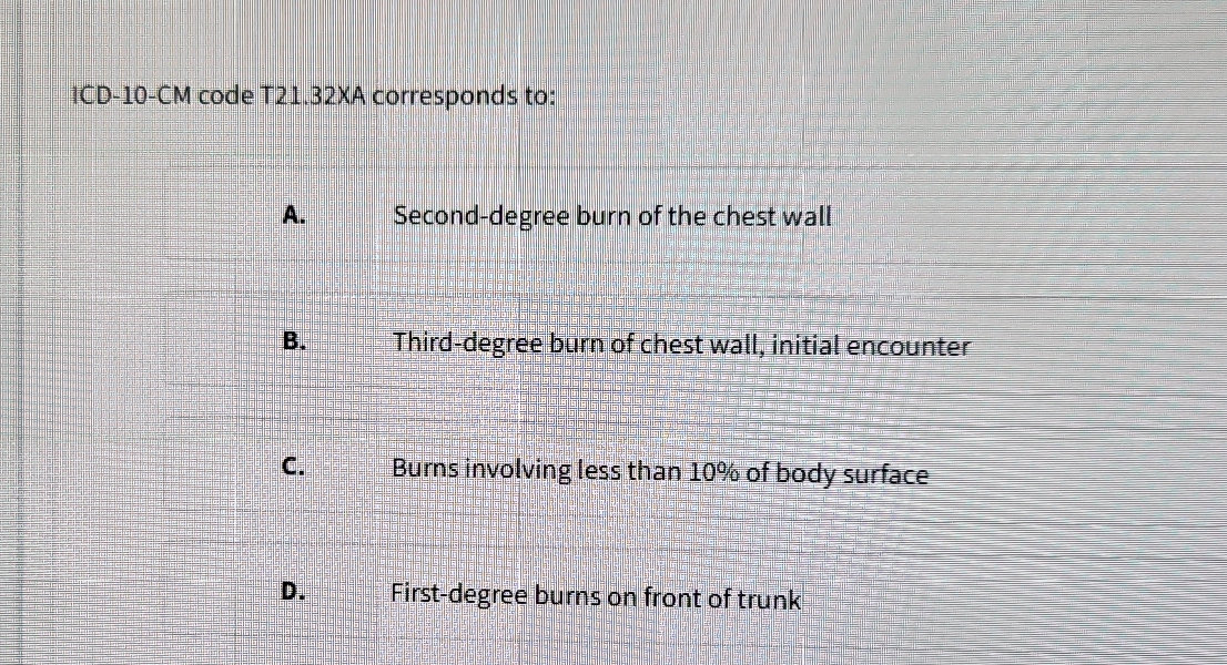 ICD-10-CM code T21.32XA corresponds to: | StudyX