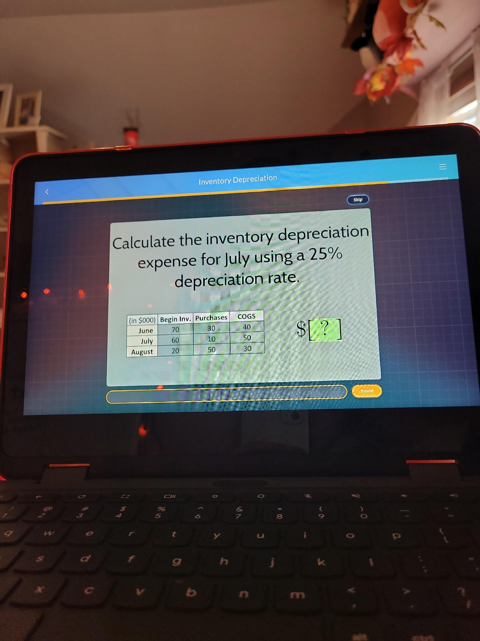Calculate the inventory depreciation expense | StudyX