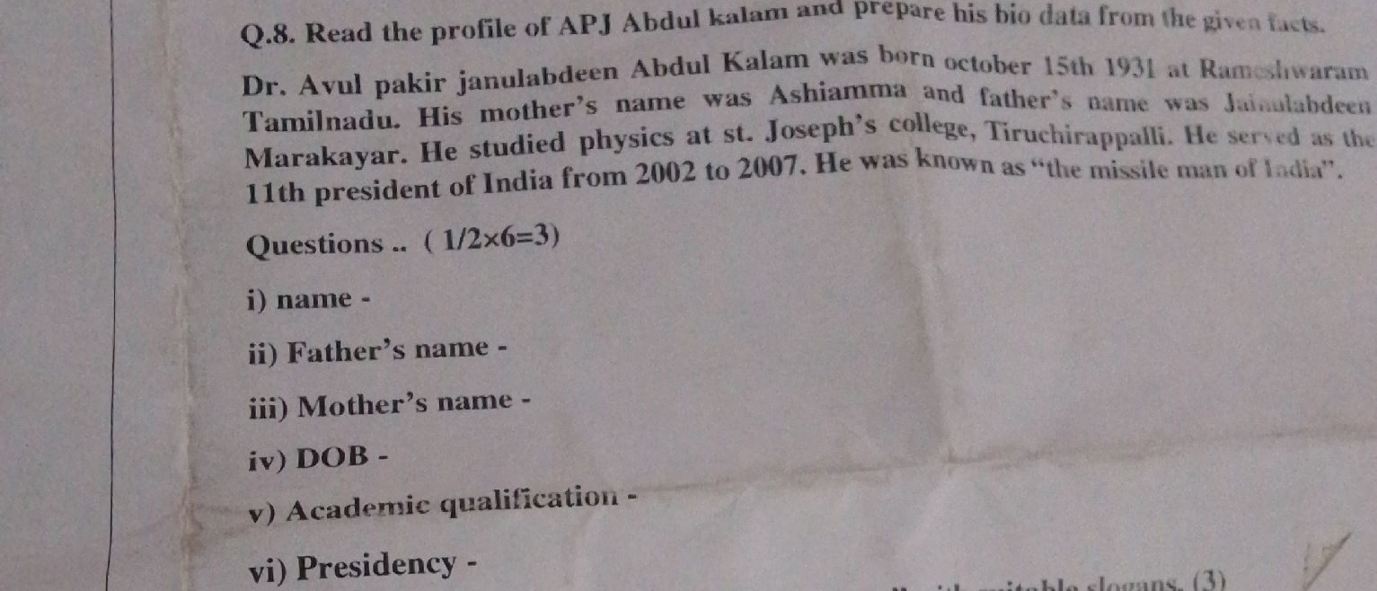 Q.8. Read the profile of APJ Abdul kalam and | StudyX